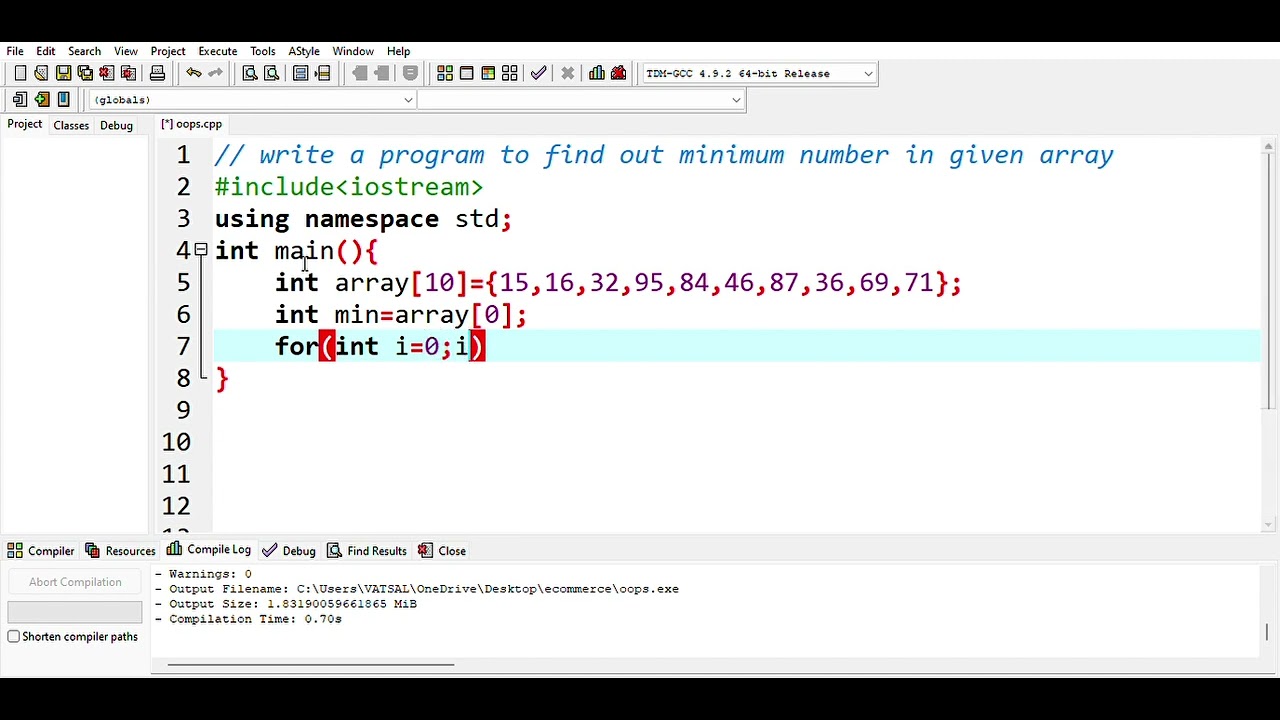 how to find minimum number in given array in c++ - YouTube