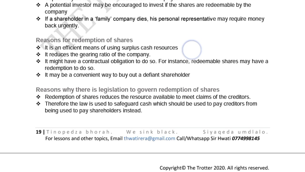 Reasons for Redemption of Shares and issue of redeemable preference ...