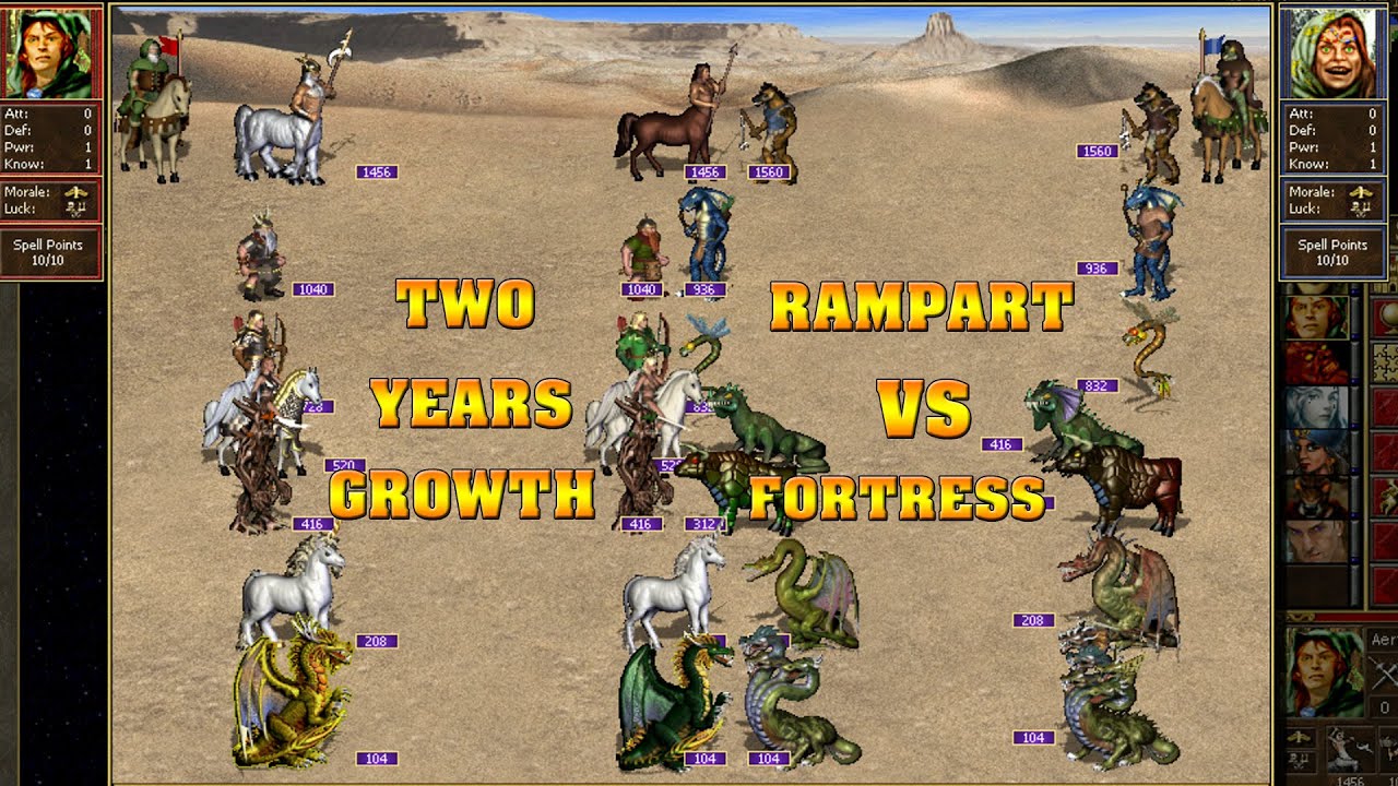 Heroes 3 COMBAT Two years growth Rampart vs Fortress upgrade and none ...