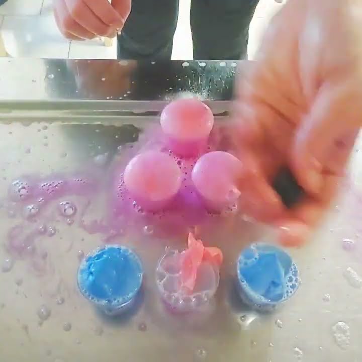 cup song 2 blue balloons and 1 pink balloon with pink foam soap - YouTube