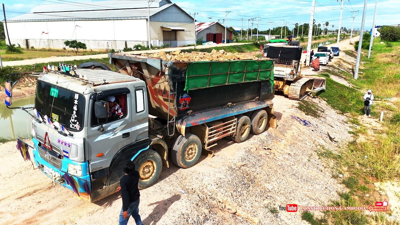 Starting New Landfilling Up Flooded Farmland By Huge Dump Trucks, Skill ...
