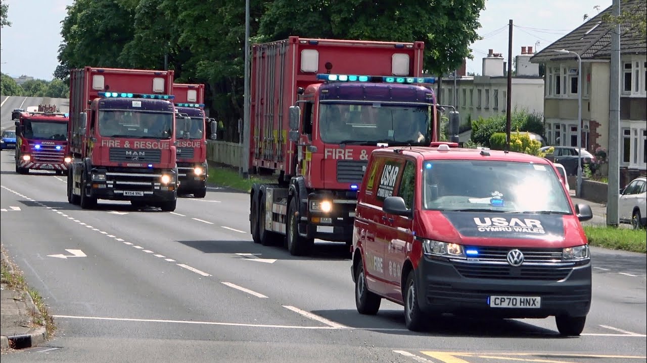 FULL USAR CONVOY!! South Wales Fire Urban Search & Rescue Trucks ...