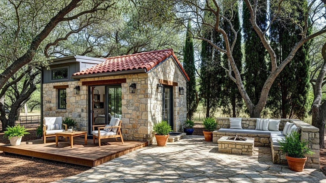 Cozy Tiny House Patio With Warm Wooden Pergola And Relaxing Outdoor ...