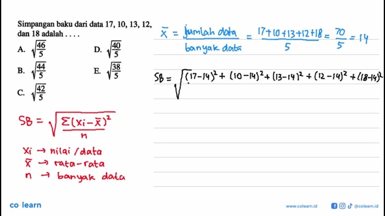 Simpangan baku dari data 17, 10,13,12, dan 18 adalah ... - YouTube