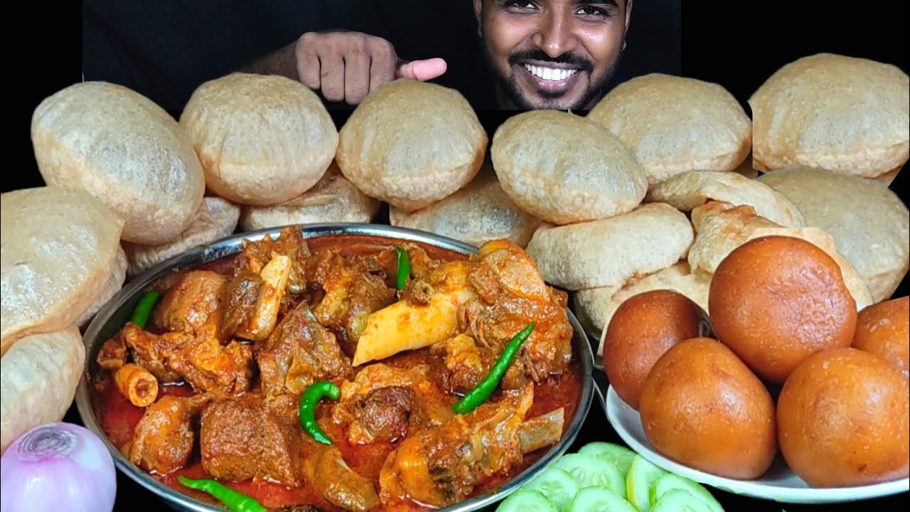 EATING MUTTON CURRY WITH PURI LUCHI, GULAB JAMUN & SALAD, BIG BITE ...