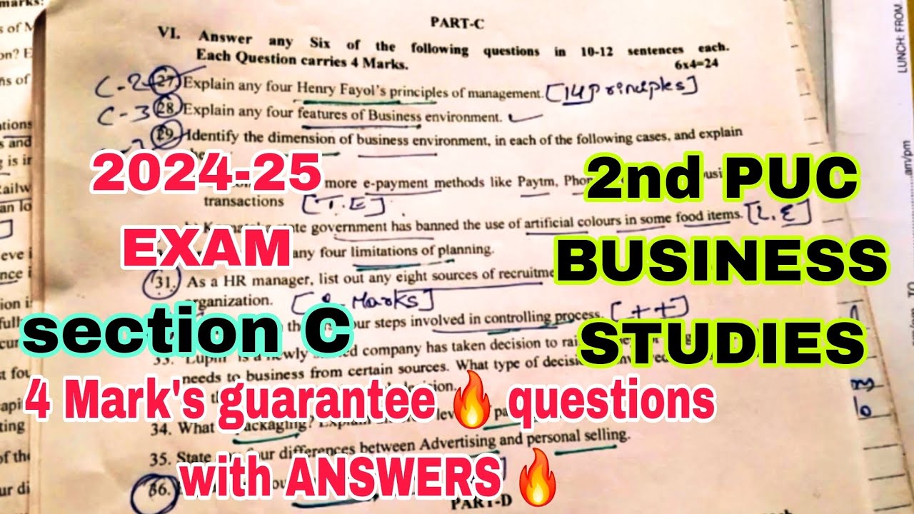 2nd PUC BUSINESS STUDIES 4 Mark's guarantee 🔥 questions with ANSWERS 🔥 ANNUAL EXAM 2024-25 - YouTube