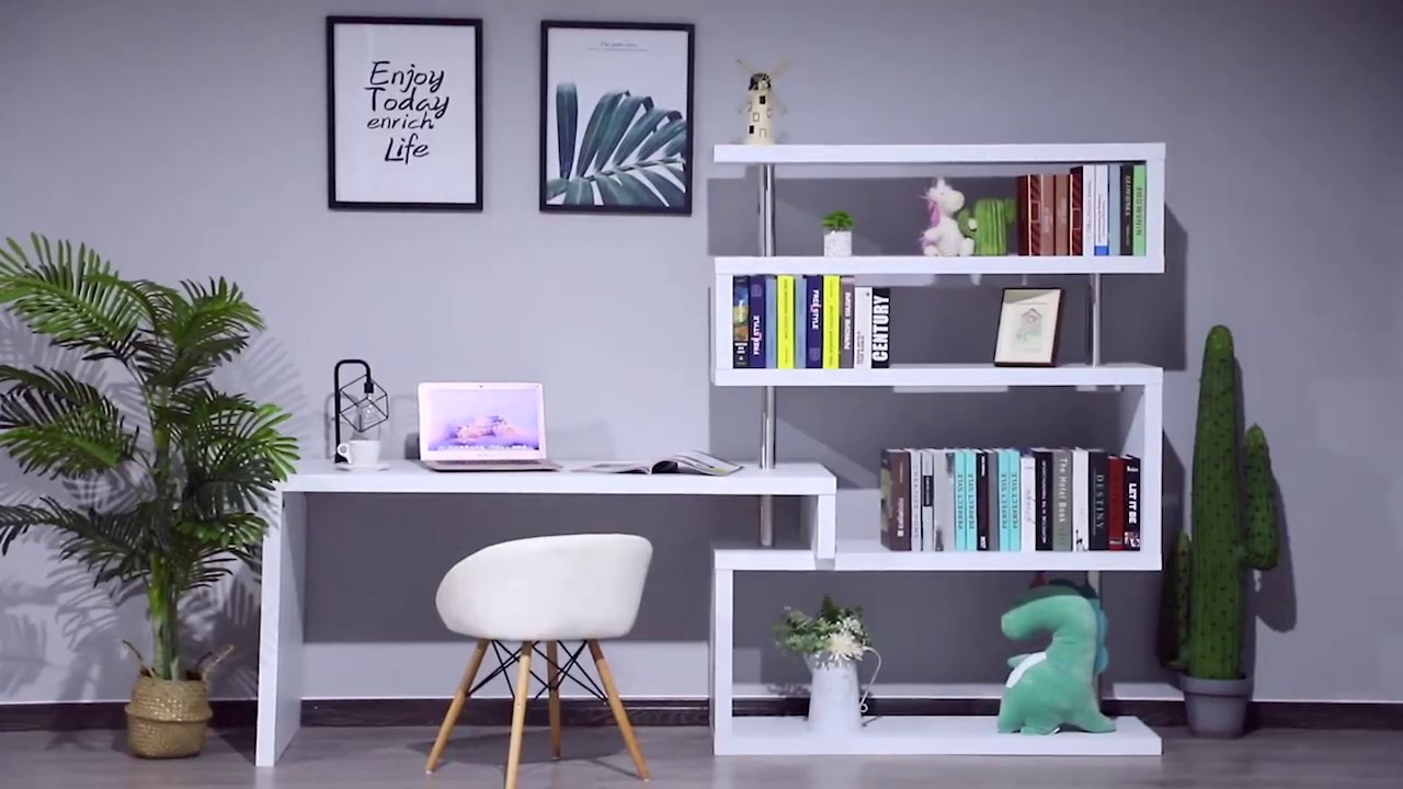 HomCom Foldable Rotating Corner Desk and Shelf Combo - YouTube