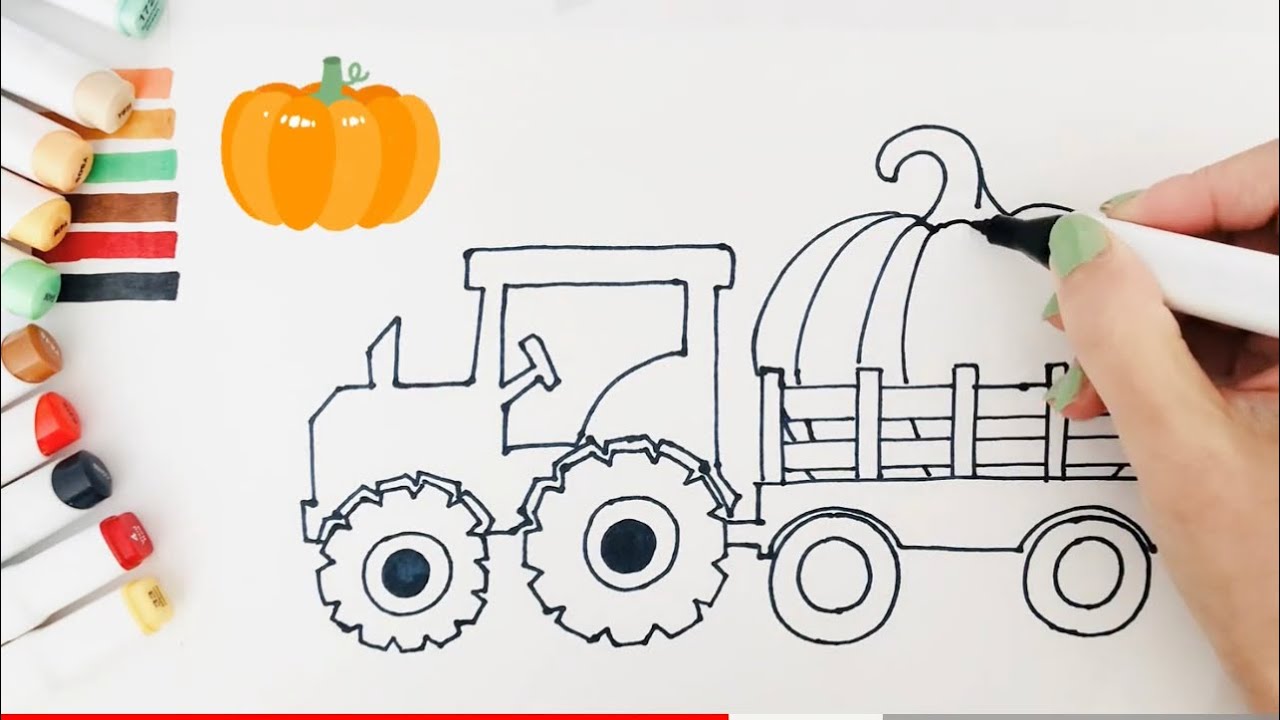 How to Draw A Tractor 🚜 with A Large Pumpkin | Thanksgiving | Easy ...
