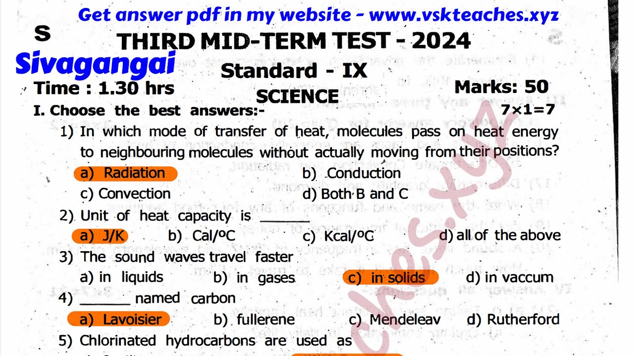 9th std Science 3rd mid-term 2024 original question paper with answer key | Sivagangai District ...