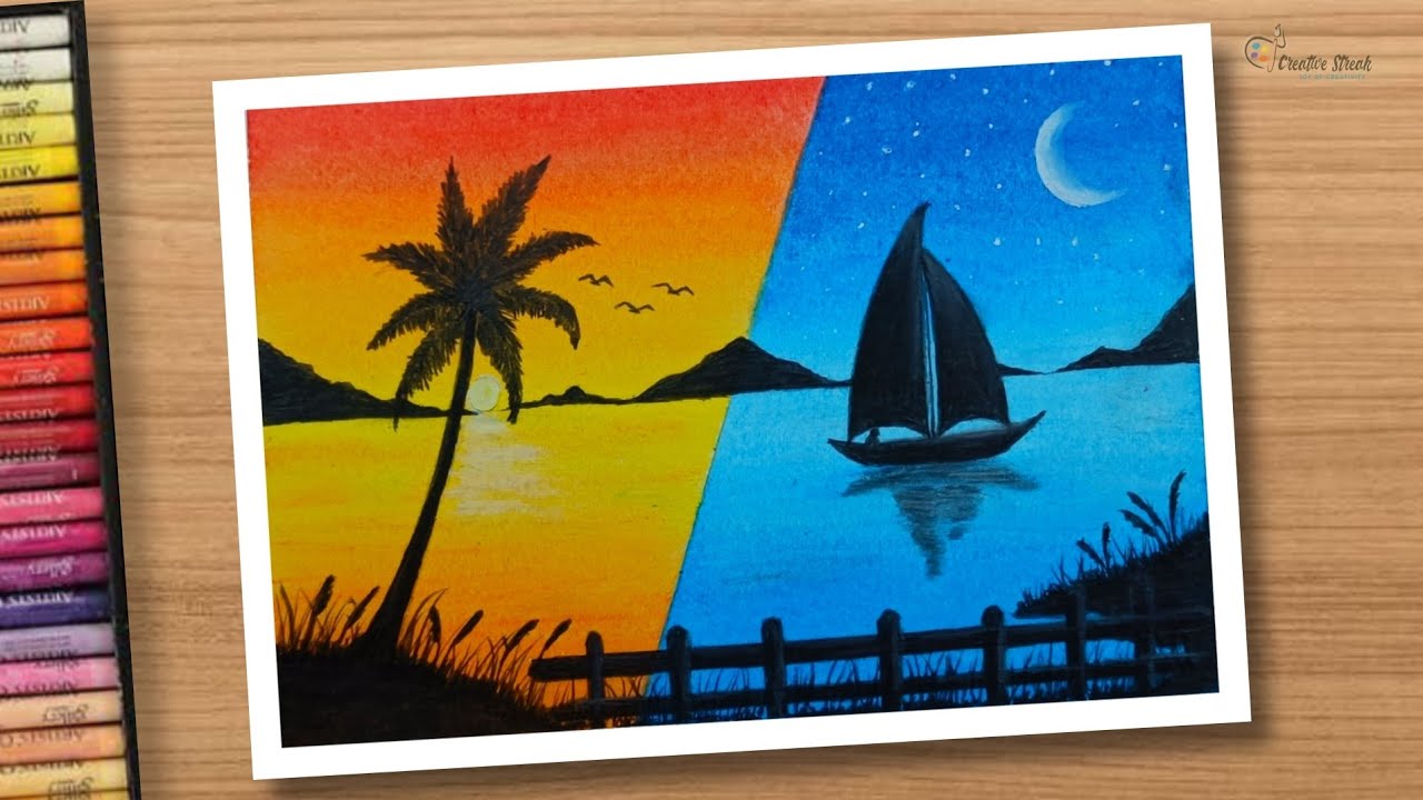 Day And Night Scenery Drawing With Oil Pastels | Drawing For Beginners ...