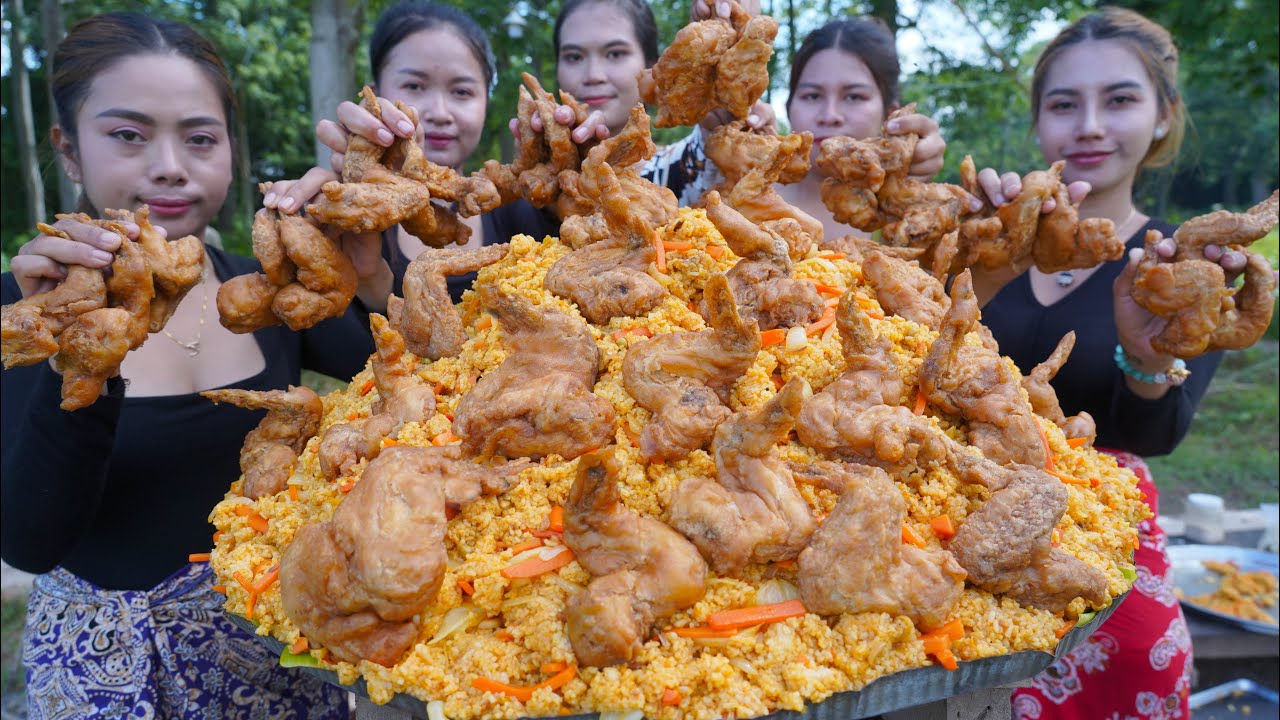 Chicken wing crispy with rice fried cook recipe and eat - Amazing video ...