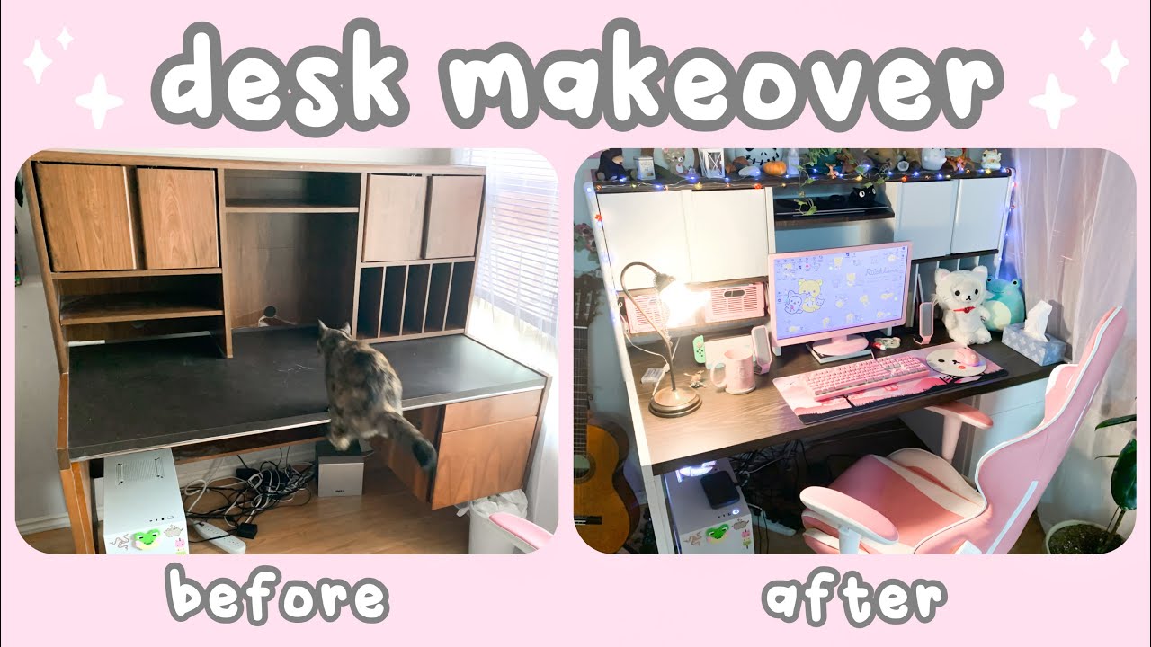 giving my new desk a makeover! || pink pc setup - YouTube