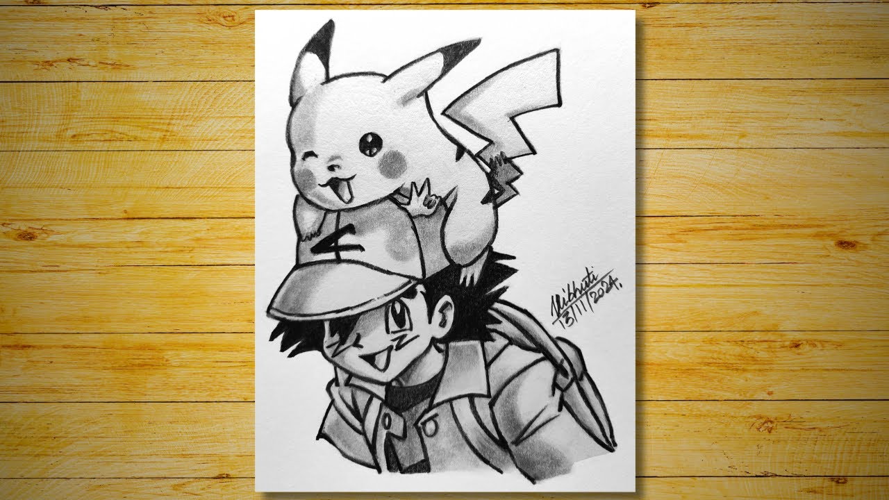 How To Draw Ash Ketchum & Pikachu | Graphite Pencil ️ Drawing Sketch ...