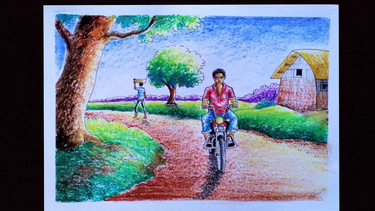 Village scenery, Seanary drawing,oil pastel colour drawing, Seanary Art ...