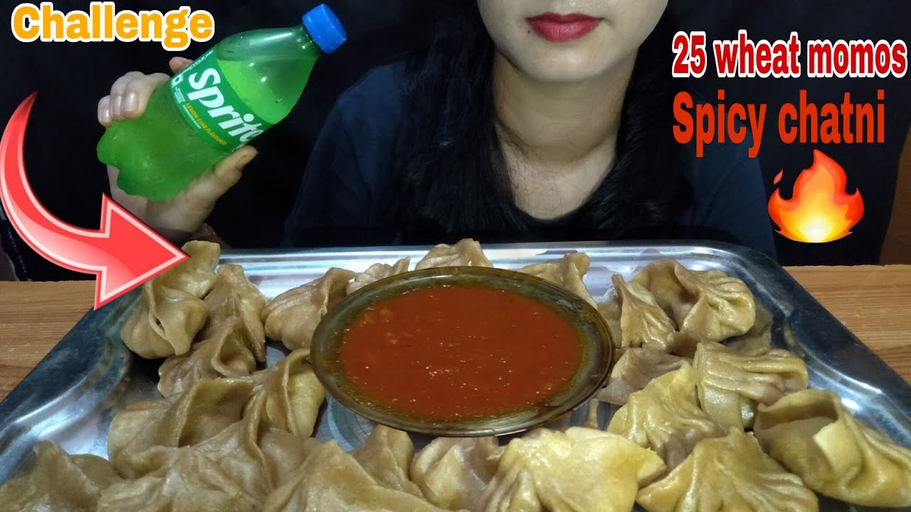 HEALTHY WHEAT MOMOS, SPICY CHATNI,SPRITE||ASMR EATING||CHALLENGE VIDEO ...