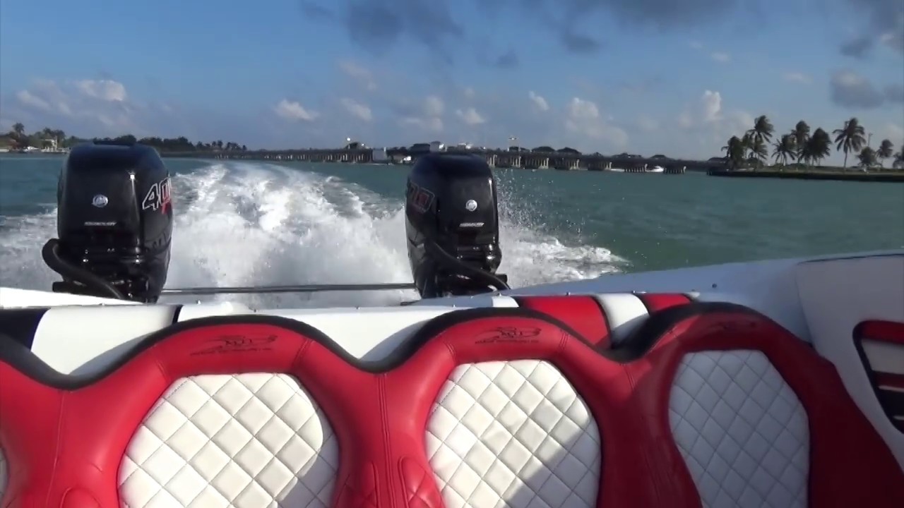 Test drive of the MTI 340X Catamaran with 2x400 hp Merc - YouTube