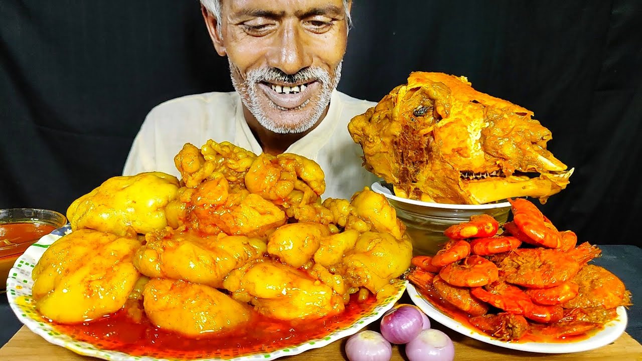 ASMR: Eating Oily Mutton Fat Curry, prawn fish Curry, Mutton Head Curry ...