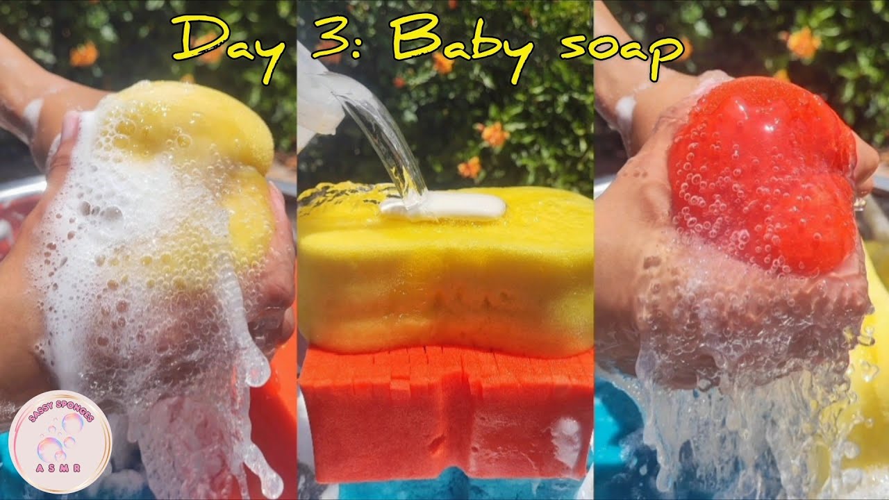 Day 3 🧼Baby soap🧼 Sudsy sponge squeezing🩵💛 ️ Colourful sponges - YouTube