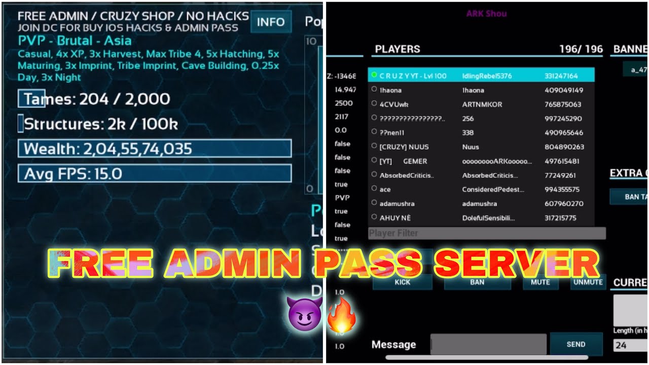 ARK MOBILE FREE ADMIN PASS SERVER 😈😄 - YouTube
