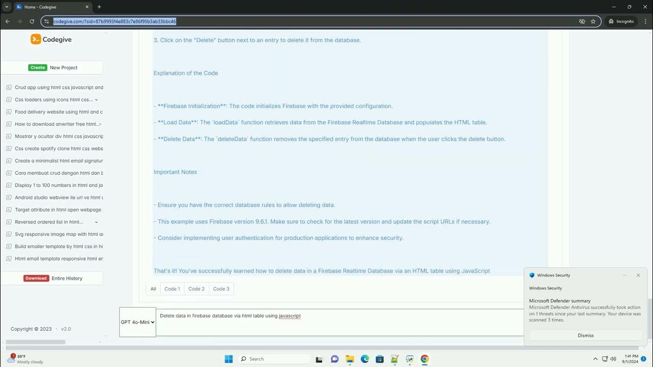 Delete data in firebase database via html table using javascript - YouTube