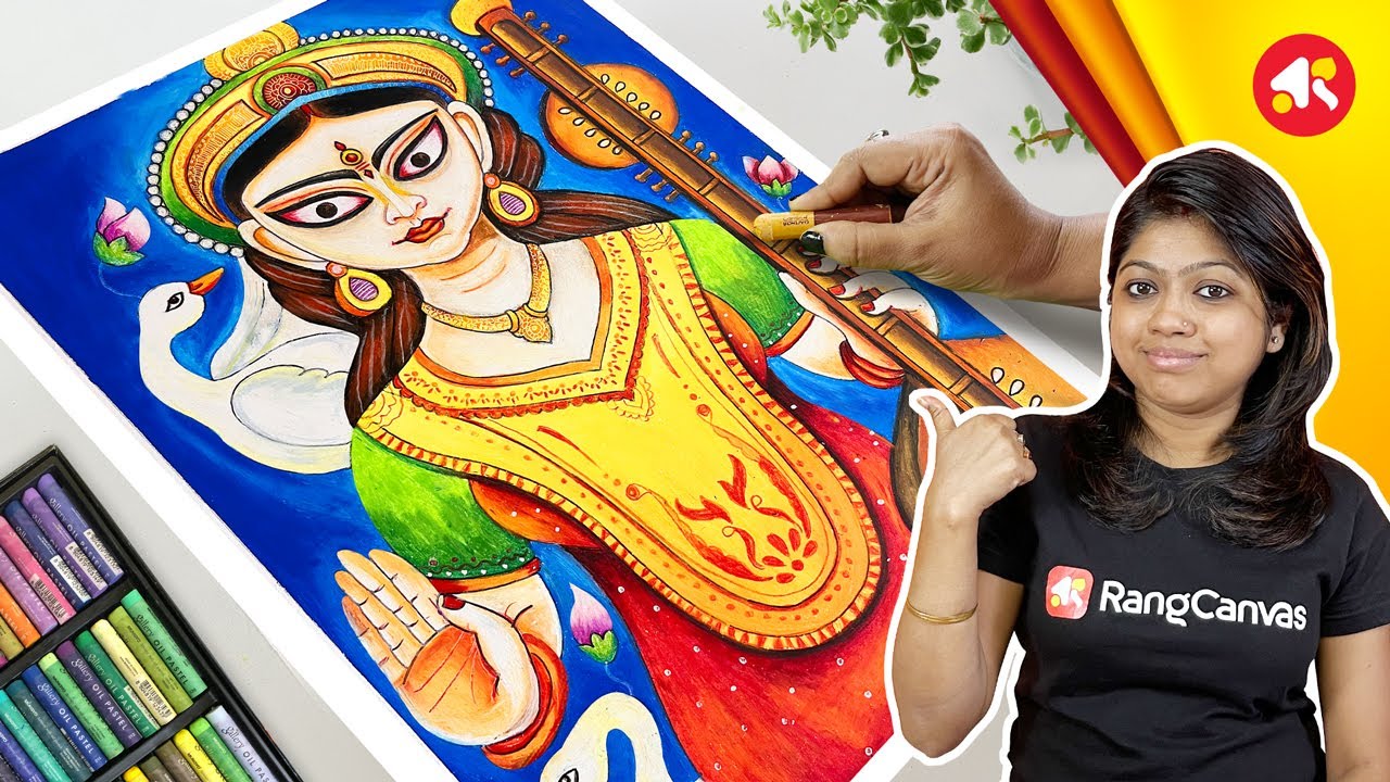 Saraswati Maa Drawing Oil Pastel | Saraswati Puja Drawing Easy | Vasant ...