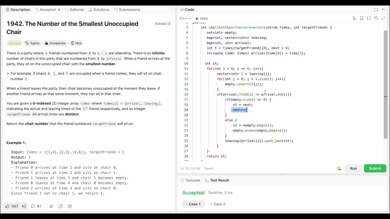 Leetcode 1942 The Number of the Smallest Unoccupied Chair - YouTube