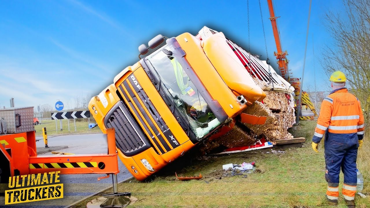 It Takes 3 Recovery Trucks To Rescue This Huge Overturned Trailer ...
