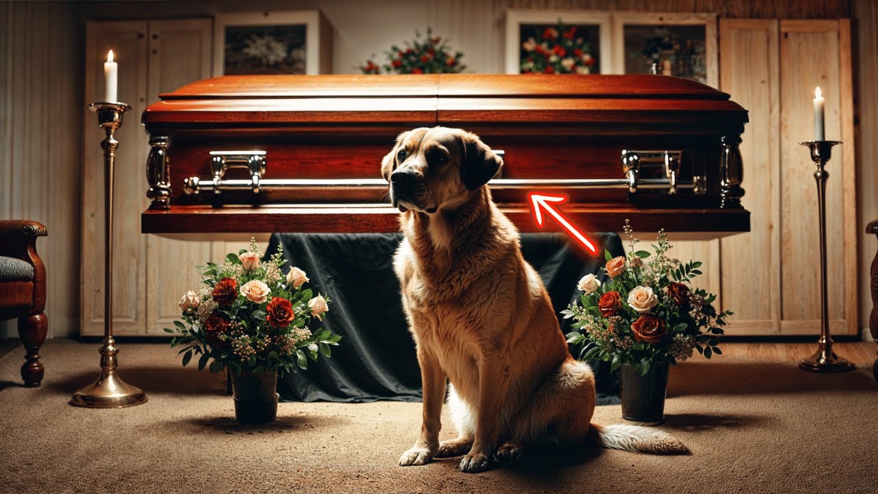 During the funeral, a dog sits next to the coffin and keeps staring at ...