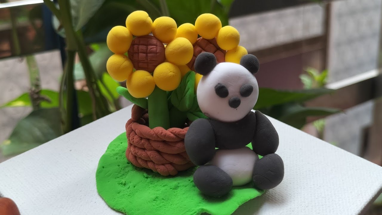 Cute sunflower with panda clay art | air clay|super clay | stepbystep ...