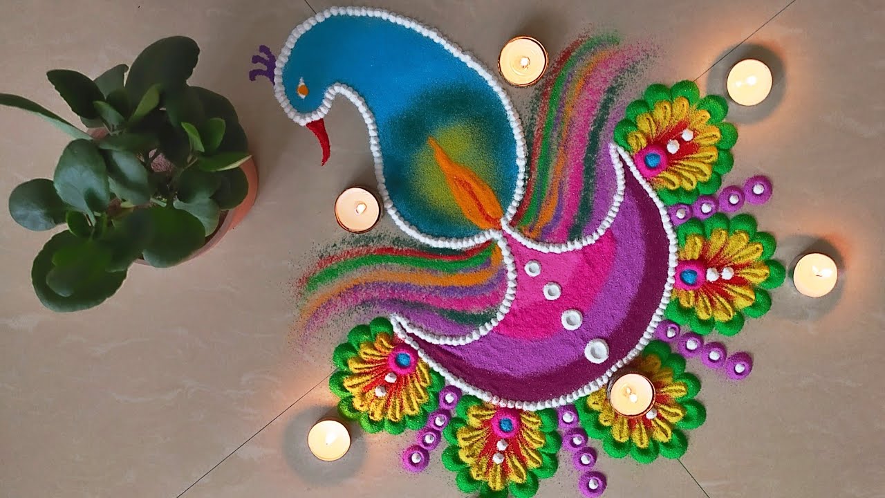 Unique Peacock with Diya rangoli design /Festival Special rangoli ...