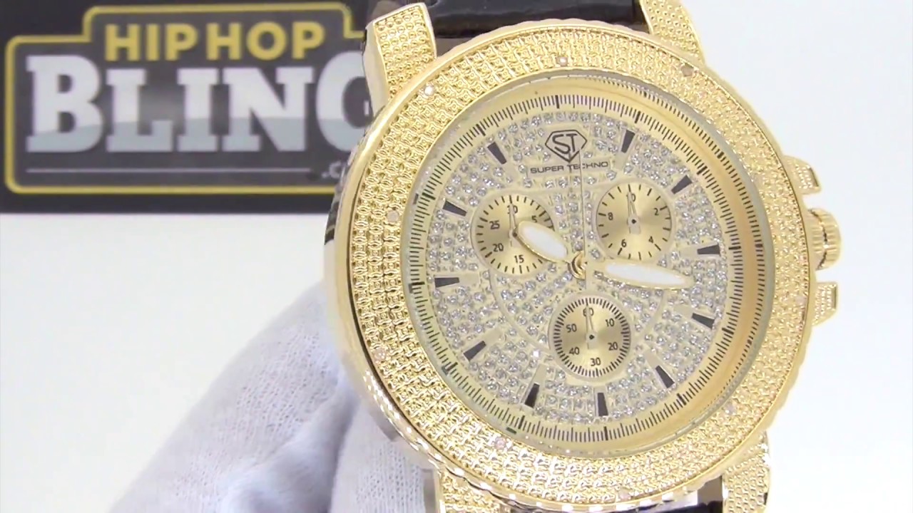 Gold Super Techno Diamond Watch with Black Leather Band - YouTube