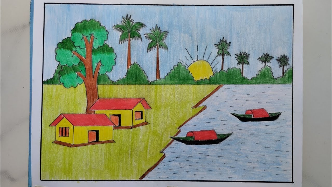 How to draw village scenery very easy | Landscape scenery drawing ...