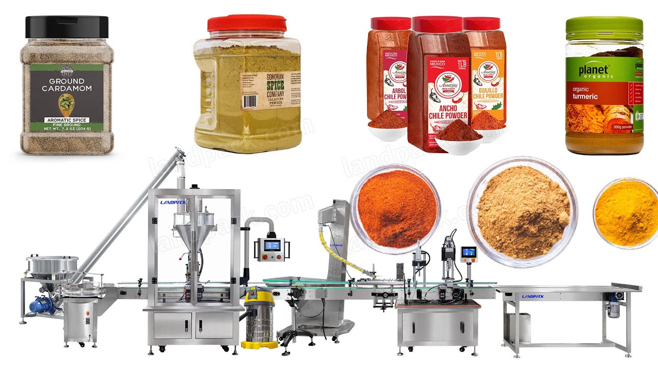 Automatic Spice Powder Jar Can Filling Sealing Machine Line - YouTube