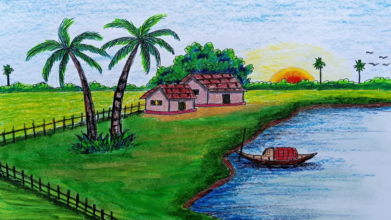 landscape village drawing with boat on the river || قرية الرسم - YouTube