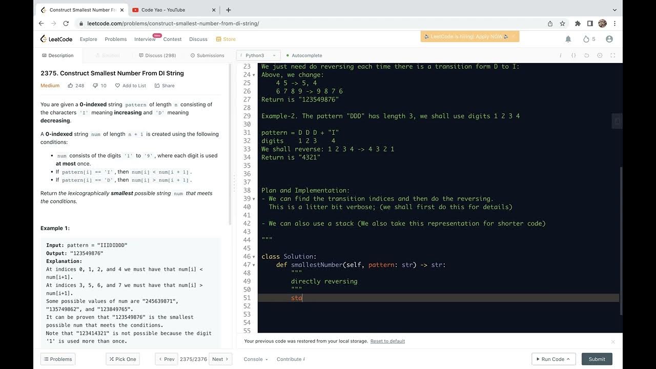 leetcode 2375. Construct Smallest Number From DI String - 2 methods: directly reverse; or use ...