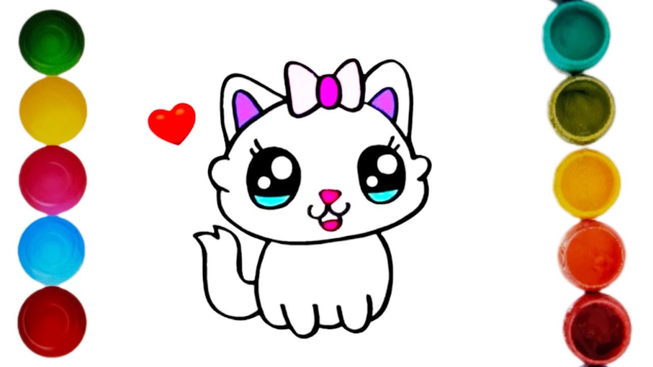 Cute kitten Drawing and painting for kids and Toddler || How to draw ...