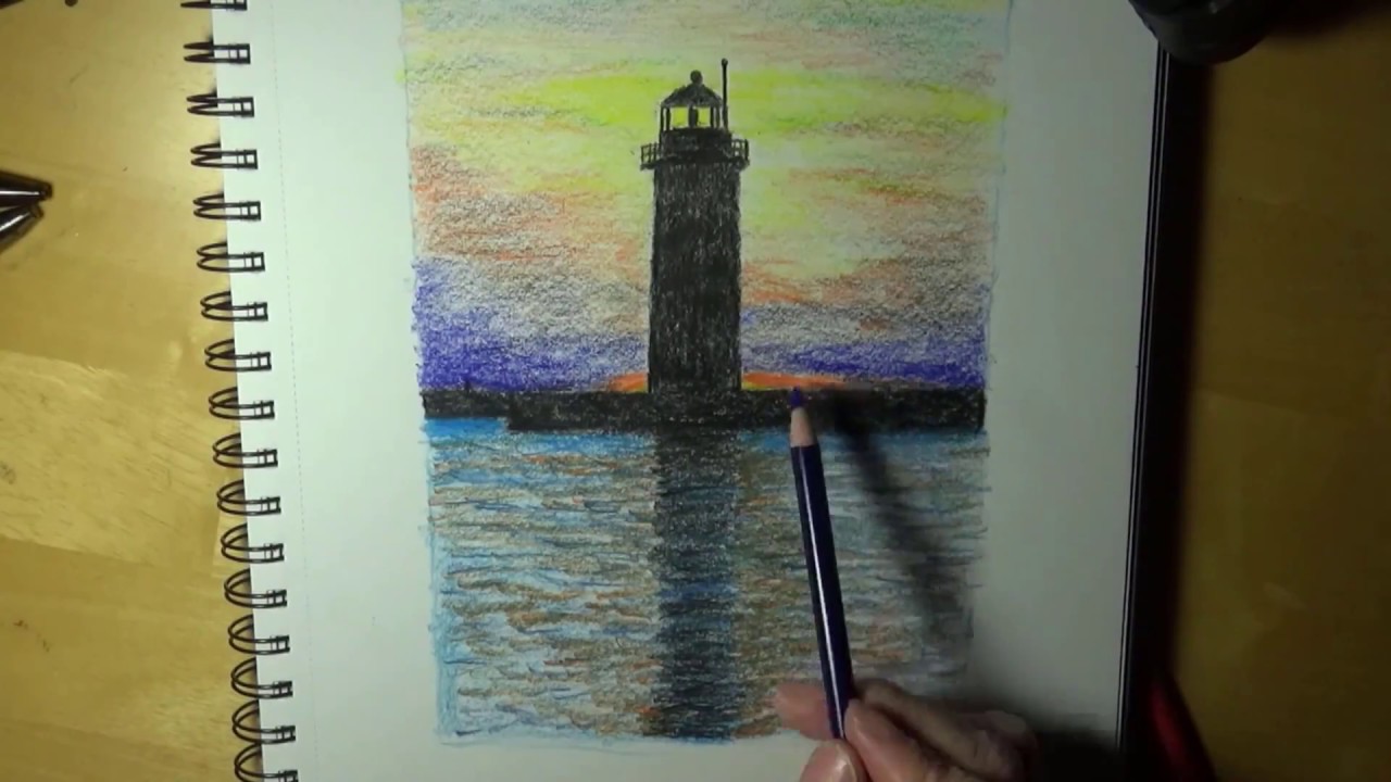 how to draw a light house with colored pencils - YouTube