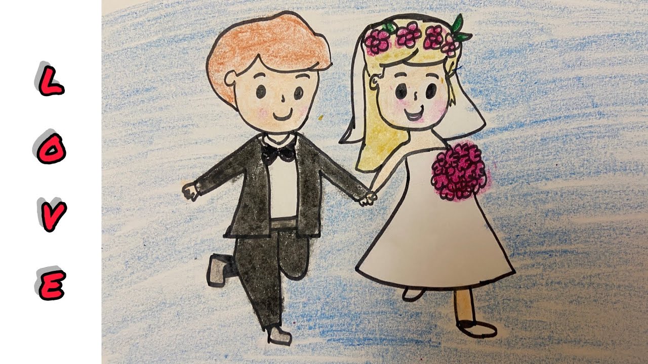 cute wedding couple || easy drawing & coloring by using crayons|| mind ...