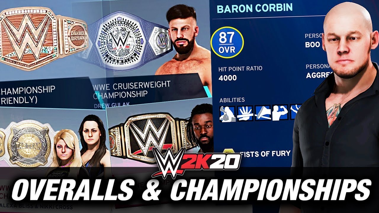 WWE 2K20 - ALL SUPERSTARS AND TEAM OVERALLS + CHAMPIONSHIPS - YouTube