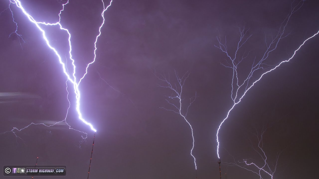 Amazing Upward Lightning strikes Oklahoma City towers dozens of times - YouTube