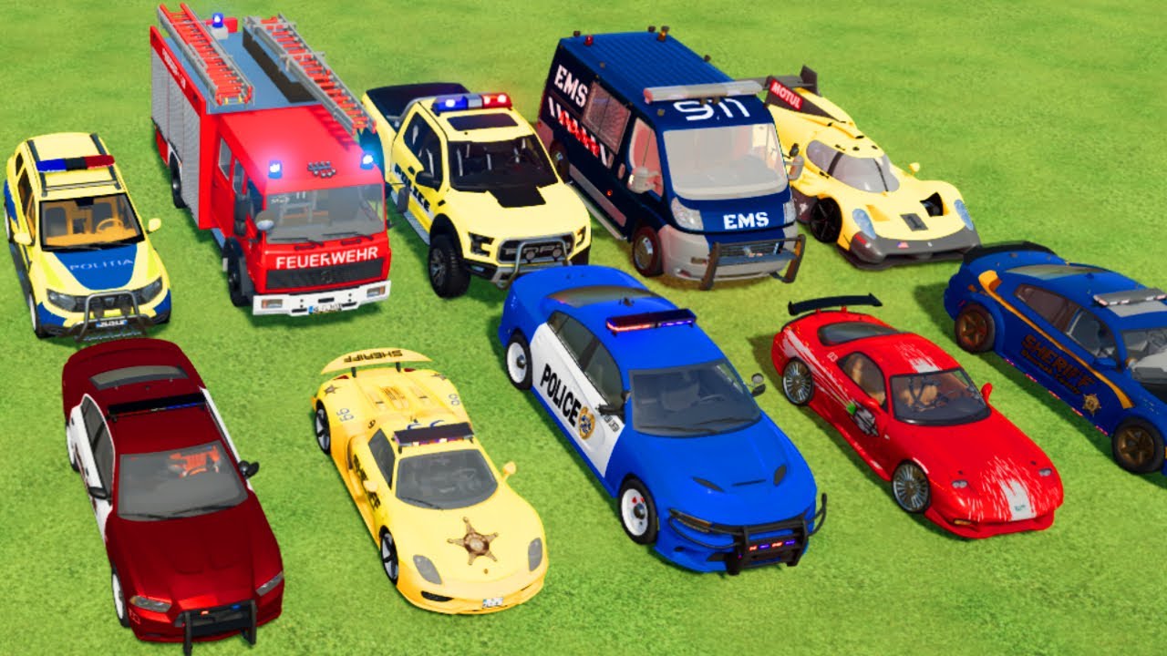 TRANSPORTING CARS, AMBULANCE, POLICE CARS, FIRE TRUCK OF COLORS! WITH ...