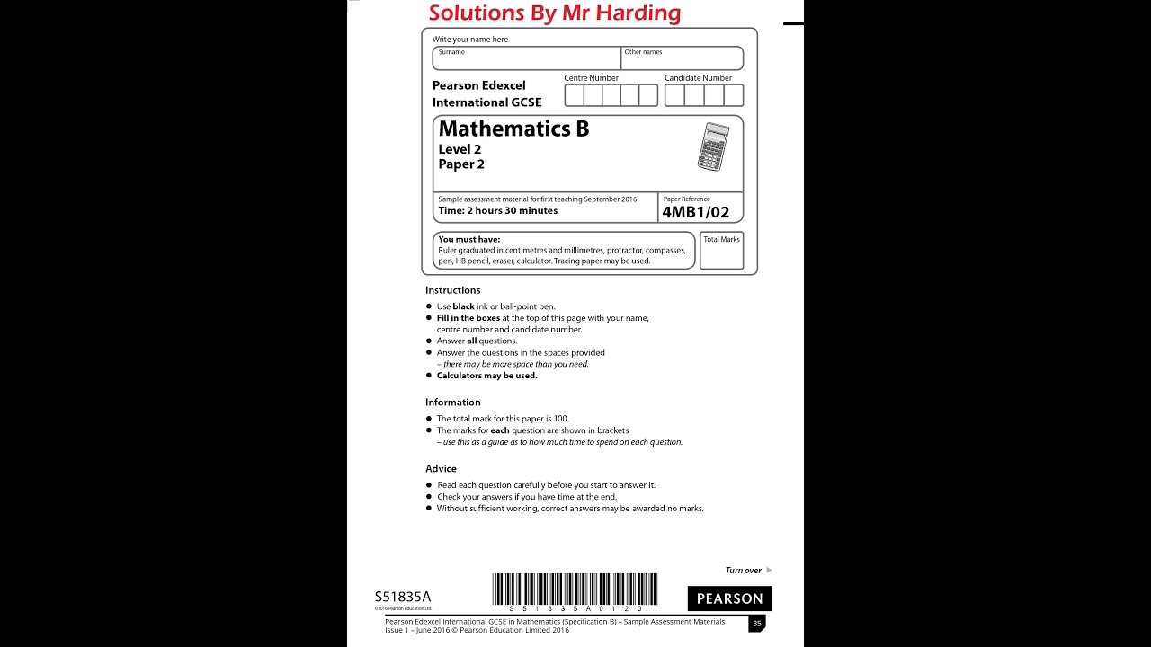 Edexcel - iGCSE - Mathematics B - Sample Paper 2 - Solutions By Mr ...
