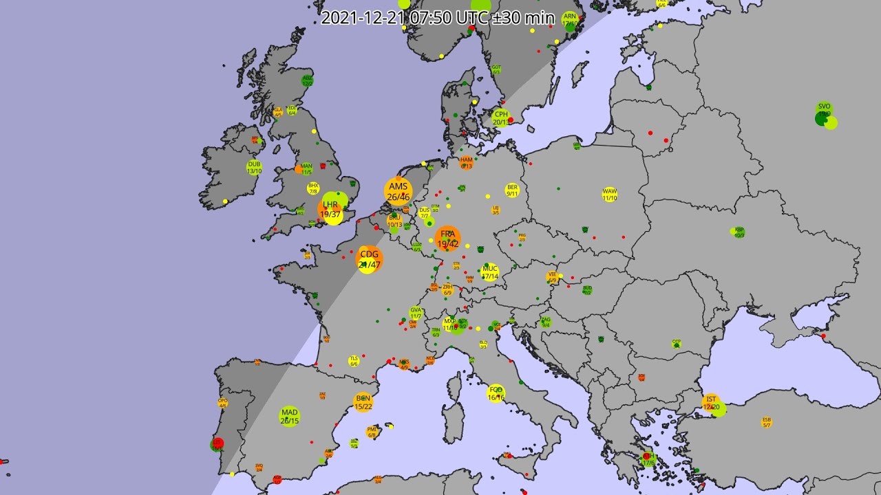 Traffic at European airports on 21 December 2021 according to OpenSky Network data - YouTube