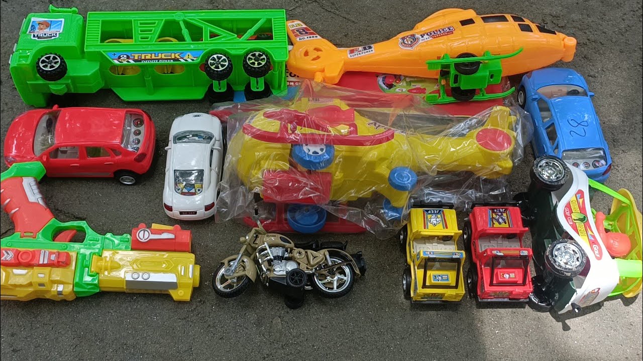 unboxing & review brand new toy cars, toy guns, tractor, mini toy, bus ...