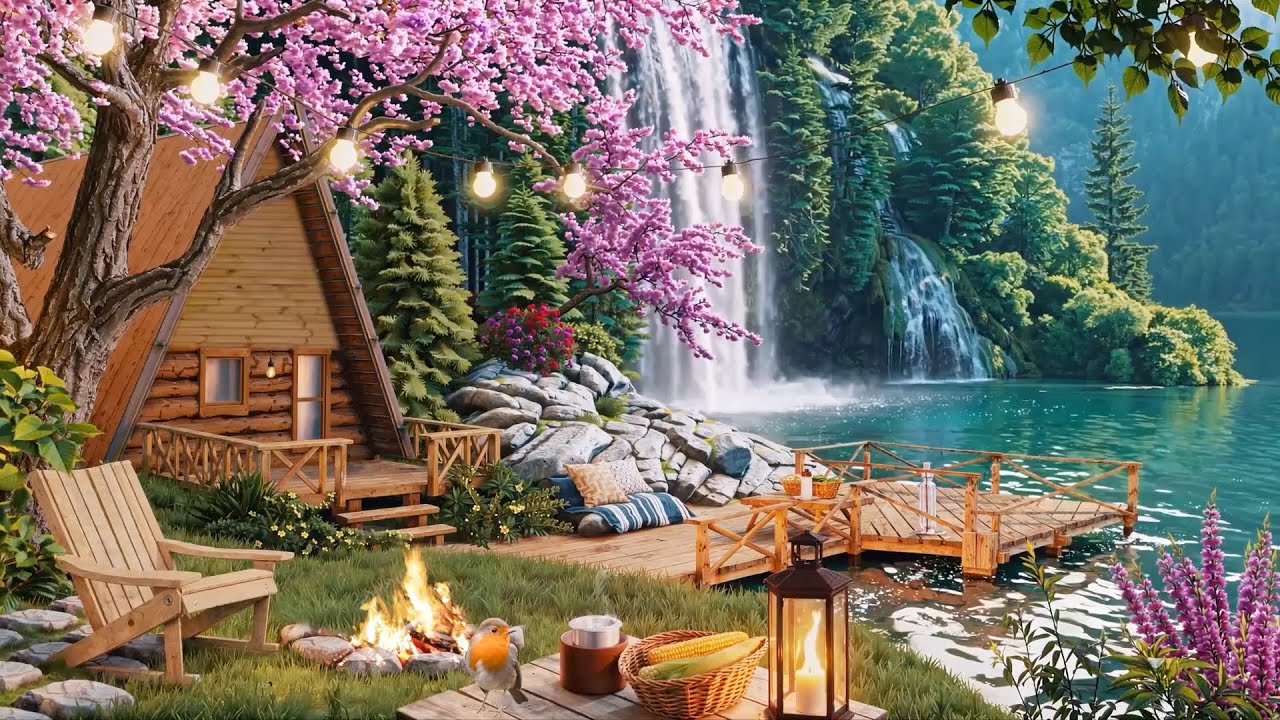 Cabin By The Waterfall In March Spring - Crackling Fire, Chirping Birds ...