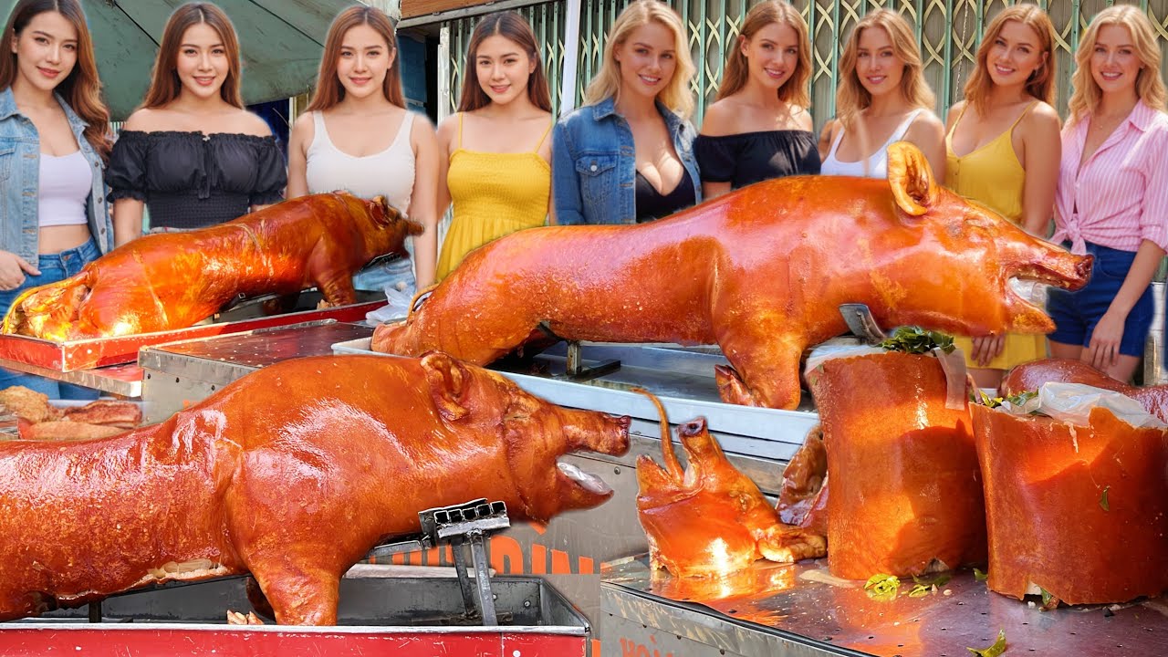 Whole BBQ roasted pig, young couple selling roasted pig on the roadside ...