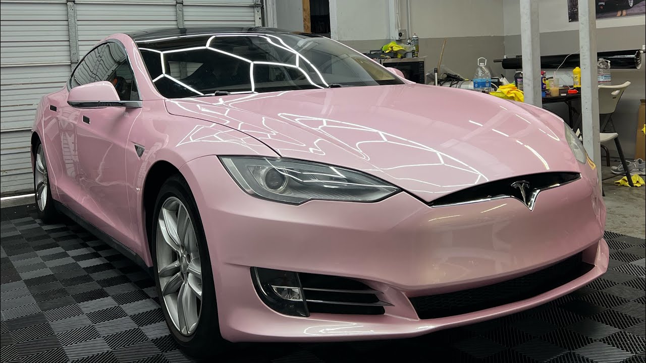 Tesla Model S gets a full color change! Pink Sakura wrap - YouTube