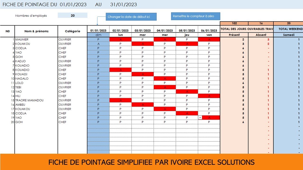 Fiche de pointage pour gérer les présences et les absences sur votre ...