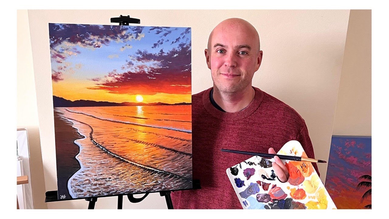 How to paint a Sunset over the ocean - Acrylic painting tutorial ocean ...