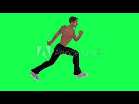 Green screen half naked skinny man running drunk from side angle 3d render chroma key people